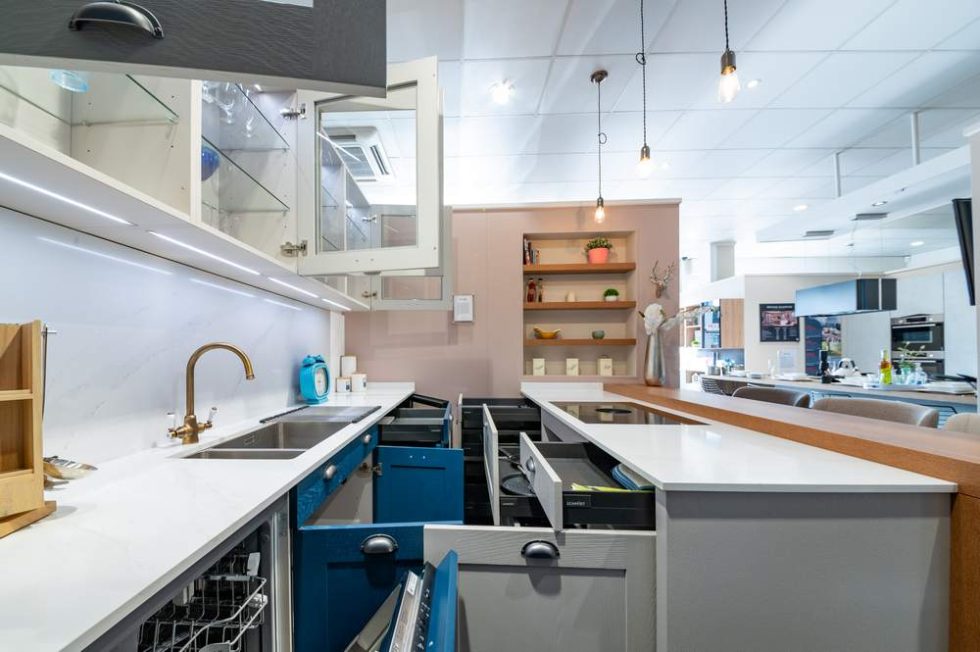 Ex Display Schmidt Nebraska Moody Blue Shaker Kitchen and Island ...
