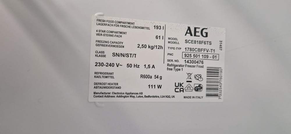 Ex Display AEG SCE818F6TS Series 6000 188cm Integrated Fridge Freezer ...