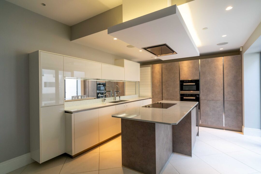 Modern Concrete Effect & White Chrome Channel Handle Kitchen & Island ...