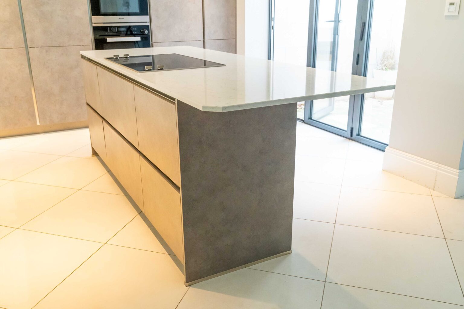 Modern Concrete Effect & White Chrome Channel Handle Kitchen & Island ...