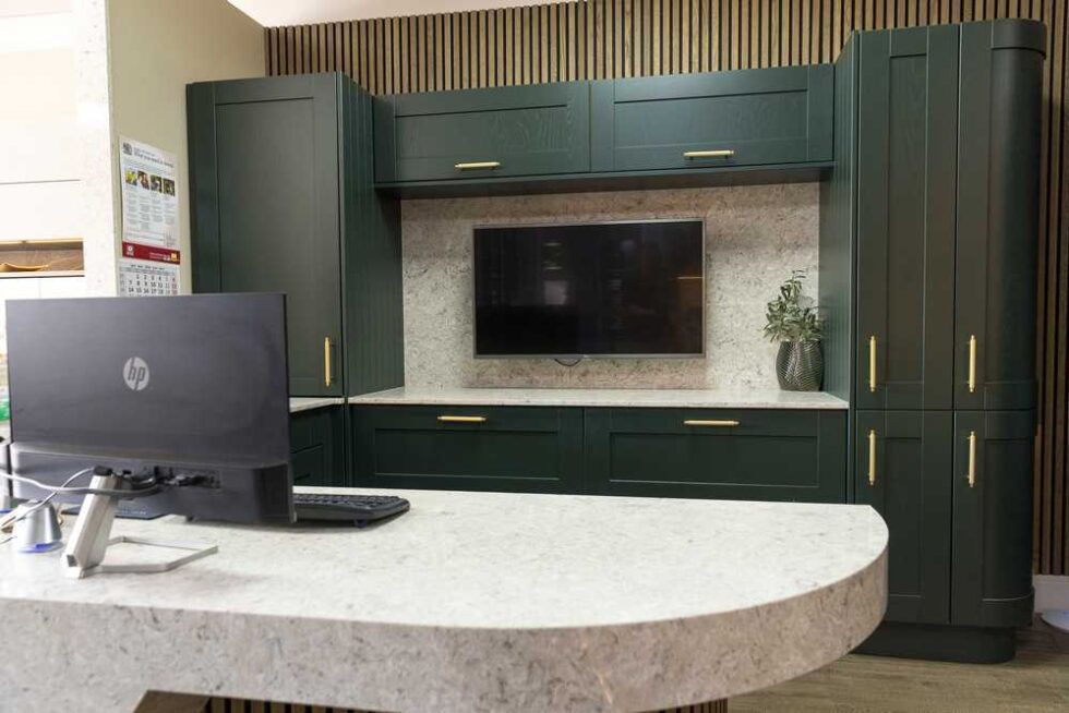 Ex Display Bottle Green Desk Area with TV Unit with Quartz Worktops ...