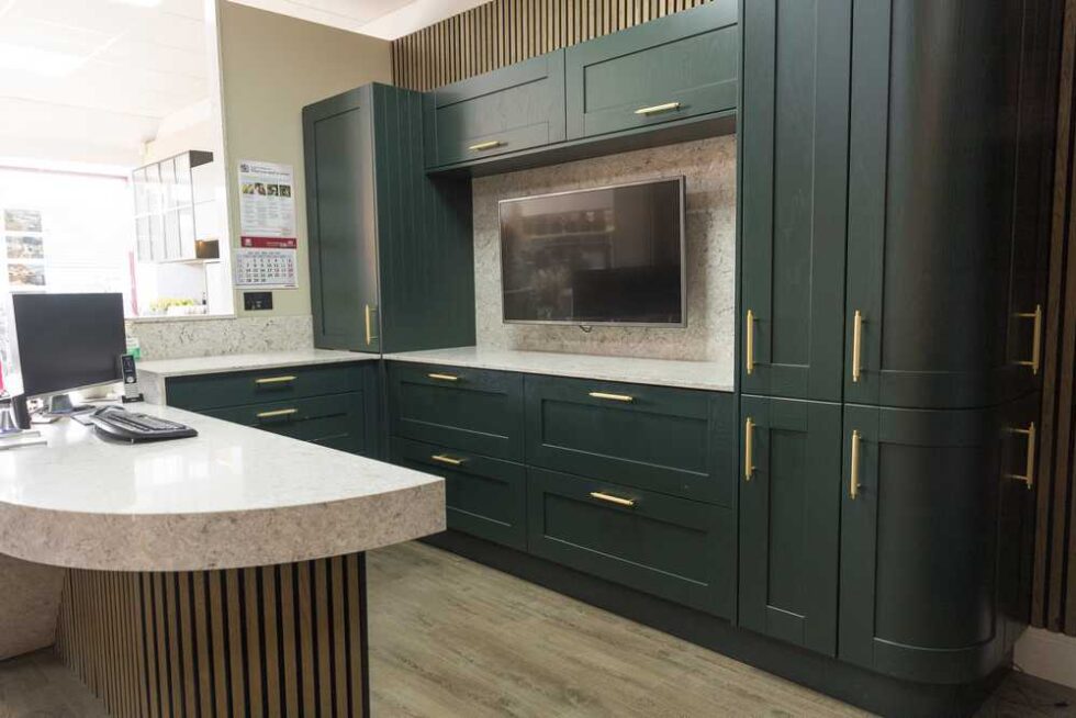 Ex Display Bottle Green Desk Area with TV Unit with Quartz Worktops ...