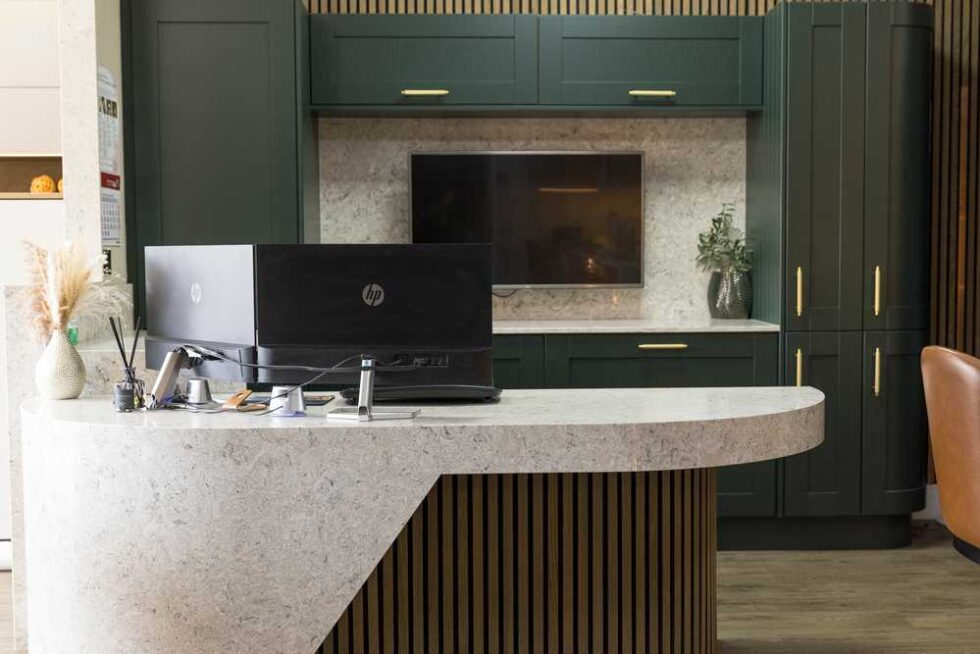 Ex Display Bottle Green Desk Area with TV Unit with Quartz Worktops ...