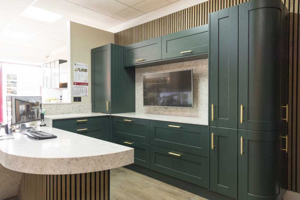 Ex Display Bottle Green Desk Area with TV Unit with Quartz Worktops ...